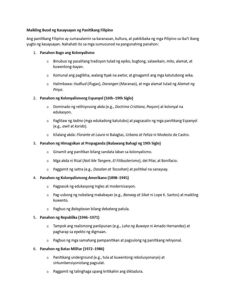 Maikling Buod NG Kasaysayan NG Panitikang Filipino | PDF