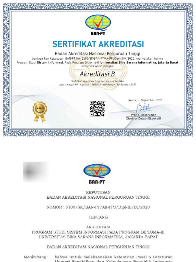 SK Akreditasi BAN-PT UBSI PS D3 Sistem Informasi - 11zon | PDF