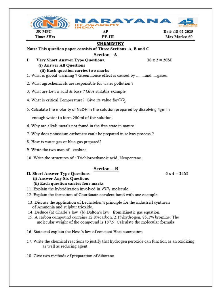 JR MPC Pre-Final-Iii Chemistry QP-18-02-2025 | PDF | Gases | Hydrogen