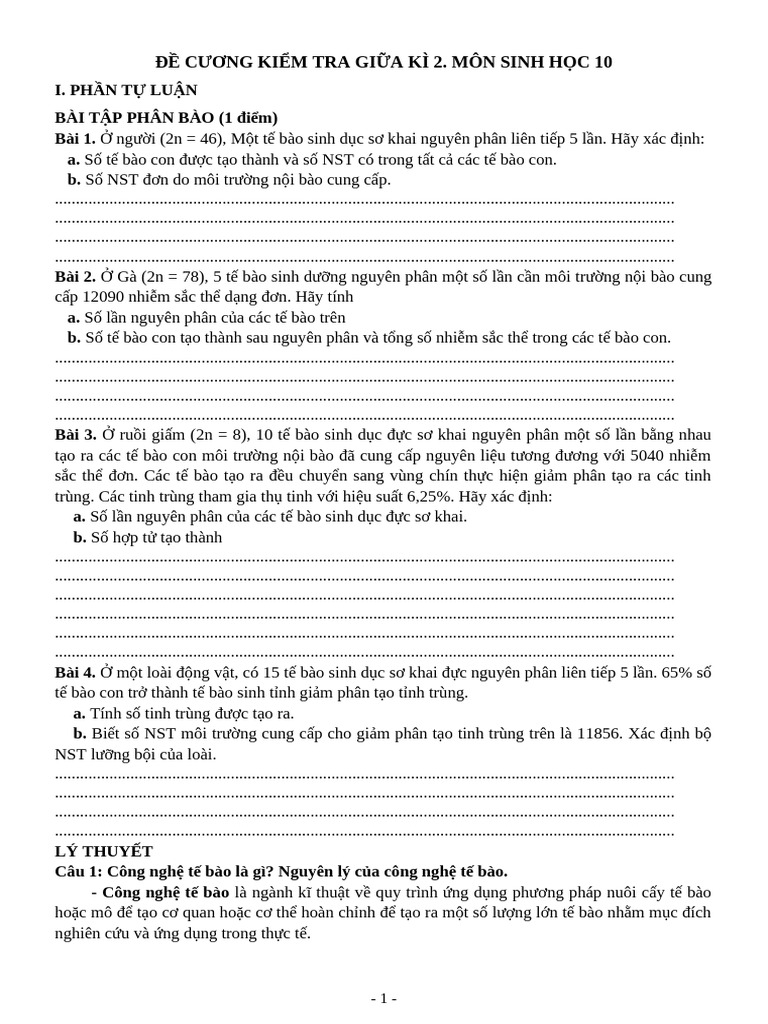 ĐỀ CƯƠNG GK2 - SINH 10 | PDF