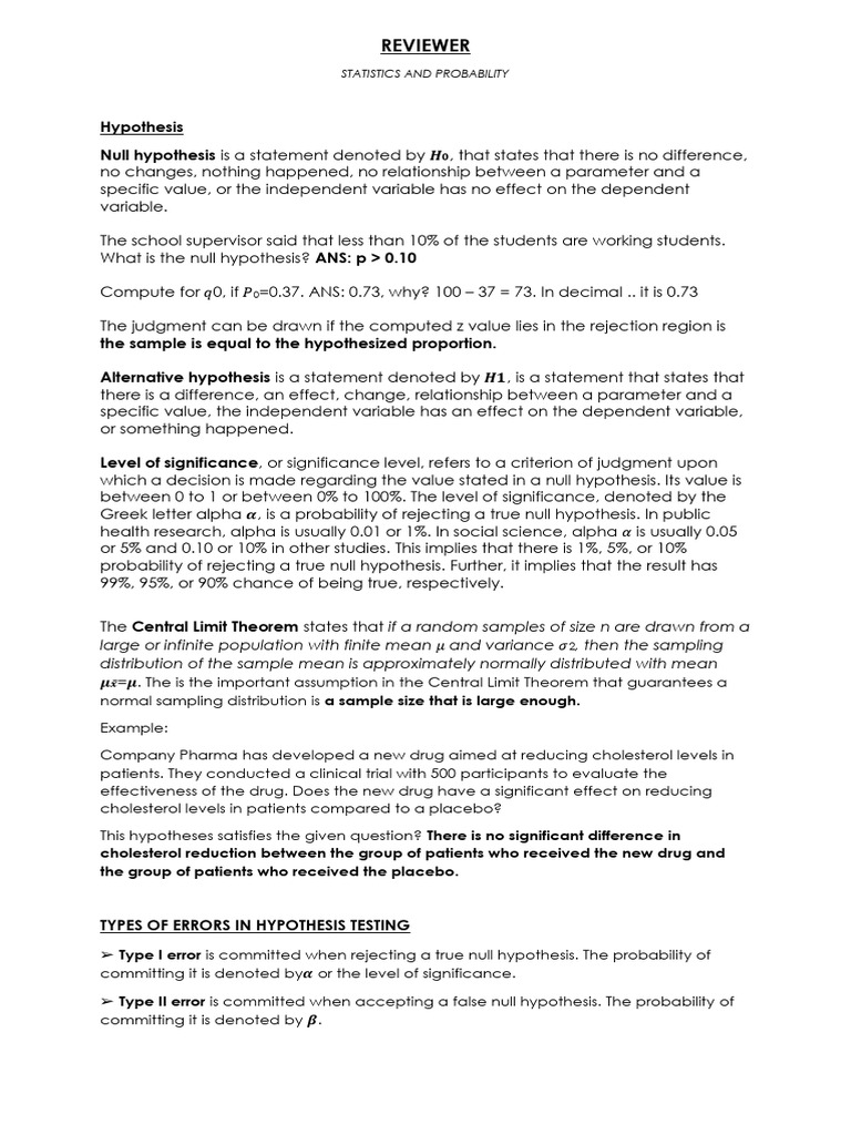 Reviewer Stats and Prob | PDF | Statistical Significance | Type I And ...