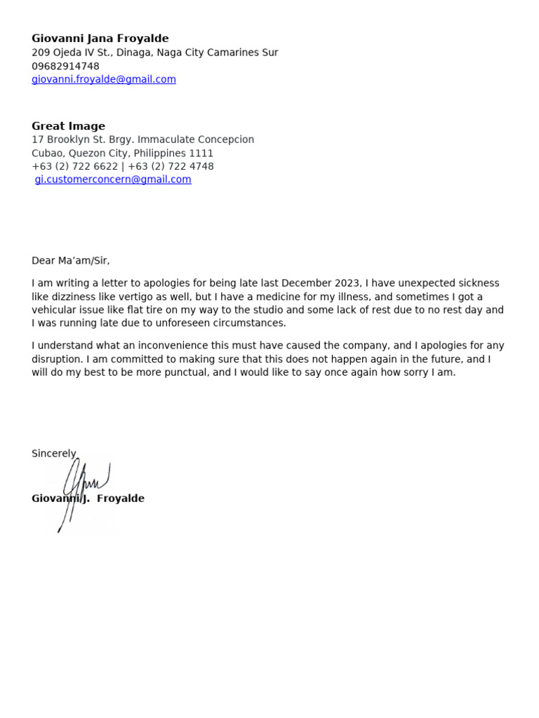 Apology Letter for Tardiness | PDF