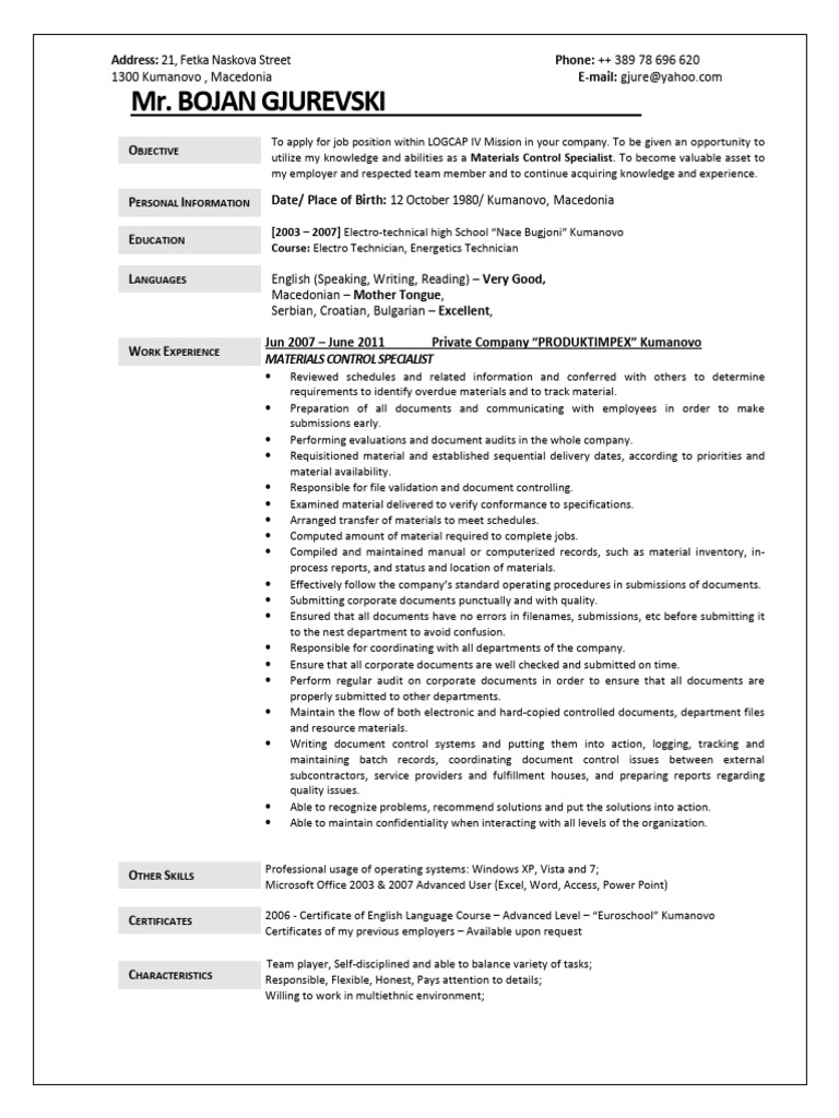Materials Control Specialist Resume | PDF | Windows Vista | Audit