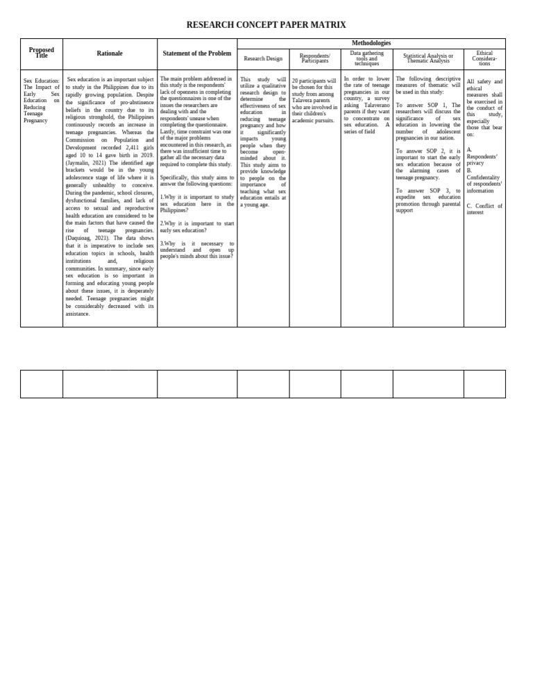 Research Concept Paper Matrix | PDF | Sex Education | Survey Methodology