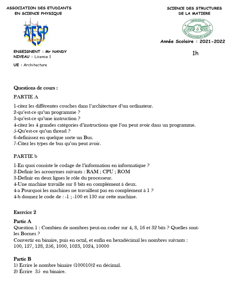 Questions d'architecture informatique et codage | PDF | Programme ...