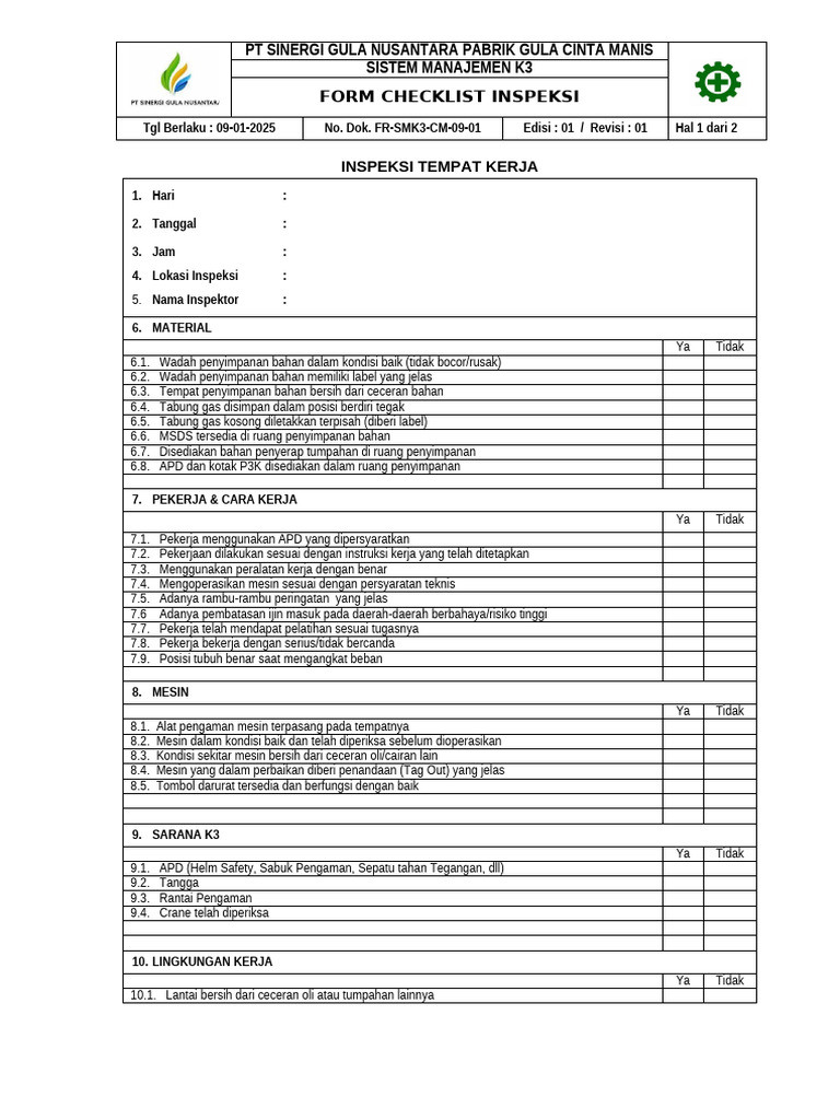FR-SMK3-CM-09-01 Checklist Inspeksi (edit) | PDF