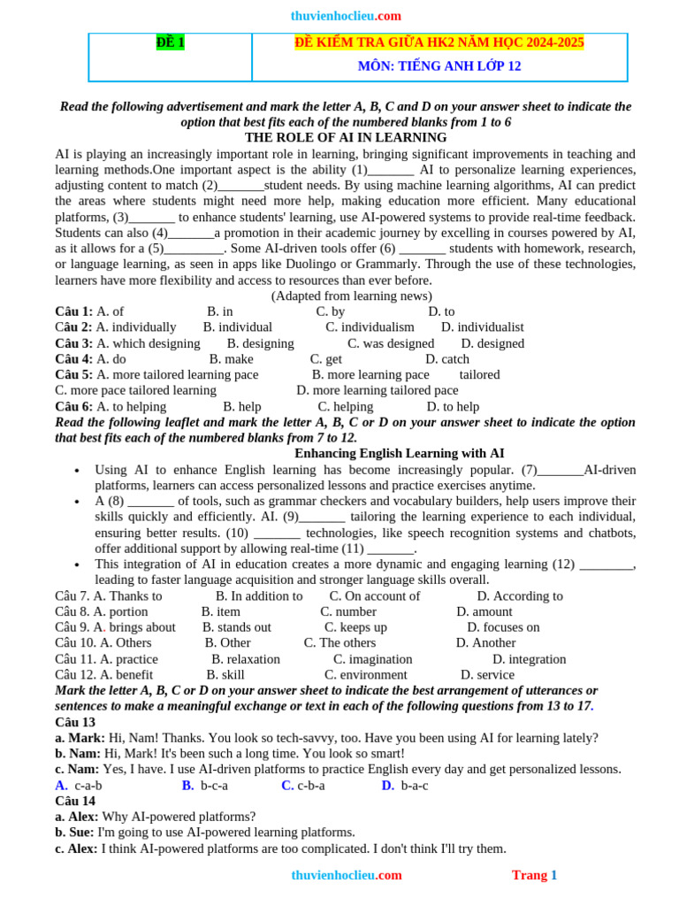 Thuvienhoclieu.com Bo 10 de Kiem Tra Giua HK2 Anh 12 Global 24 25 | PDF | Artificial ...