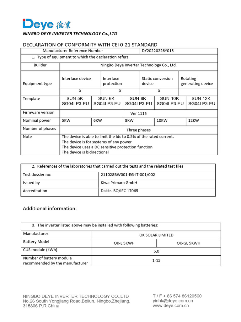 Declaration Conformity - SG04LP3 | PDF | Power Inverter | Electrical ...