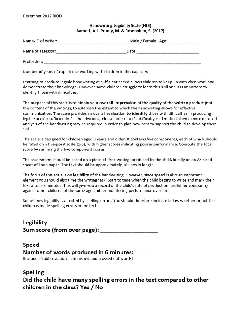 Handwriting Legibility Scale (HLS) RIDD 2017 | PDF