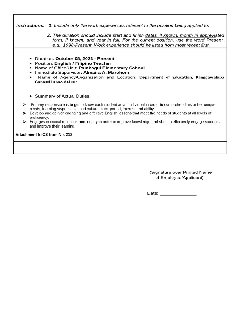 CS Form No 212 Work Experience Sheet | PDF