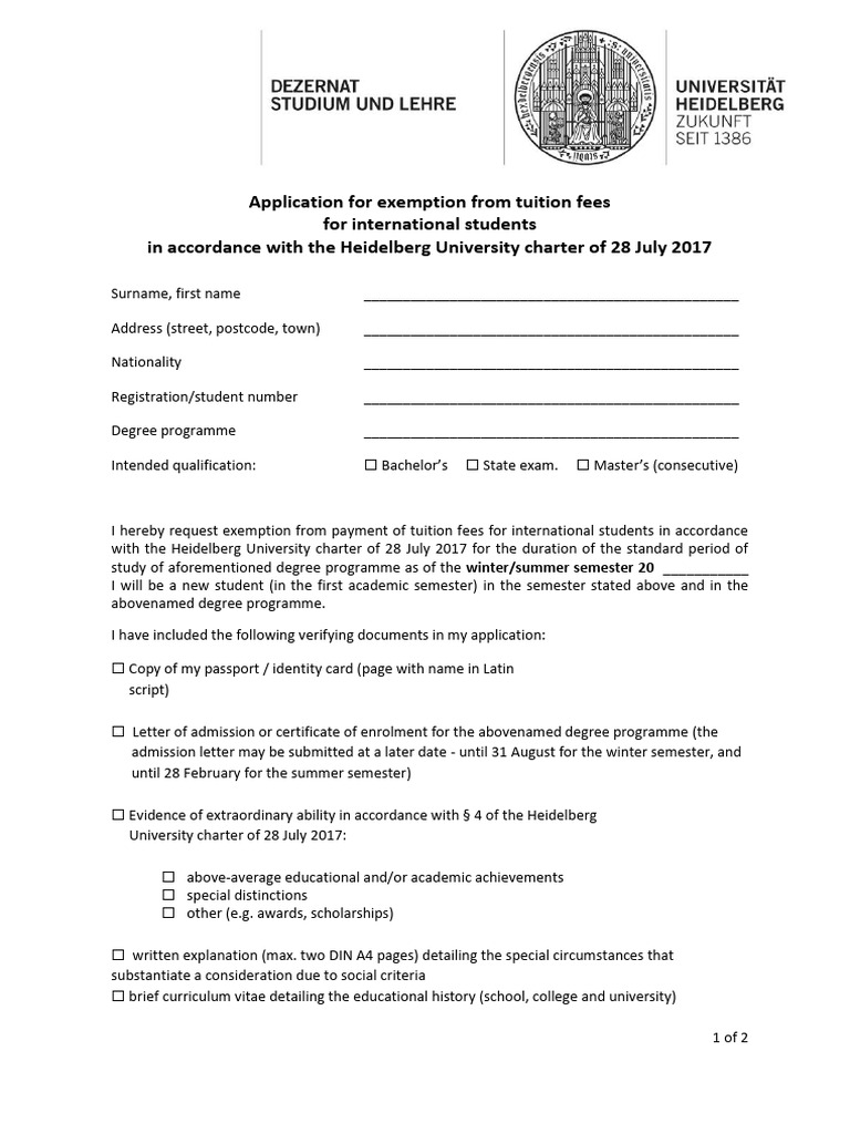 Tuition Fees Application For Exemption From Tuition Fees in Accordance ...