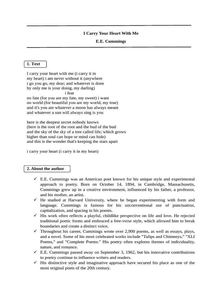 Analysis of "I Carry Your Heart" | PDF | Love | Poetry
