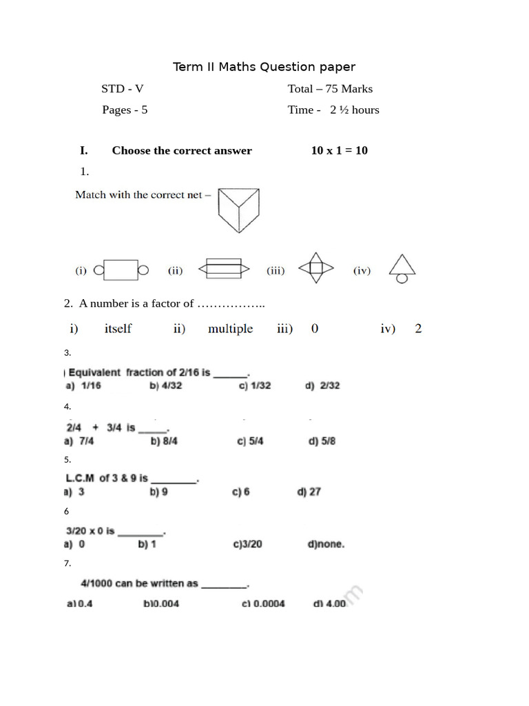 Term II Maths Question Paper | PDF | Mathematical Notation | Elementary ...