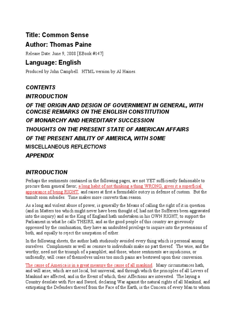 Common Sense by Thomas Paine | PDF | Samuel | Monarchy