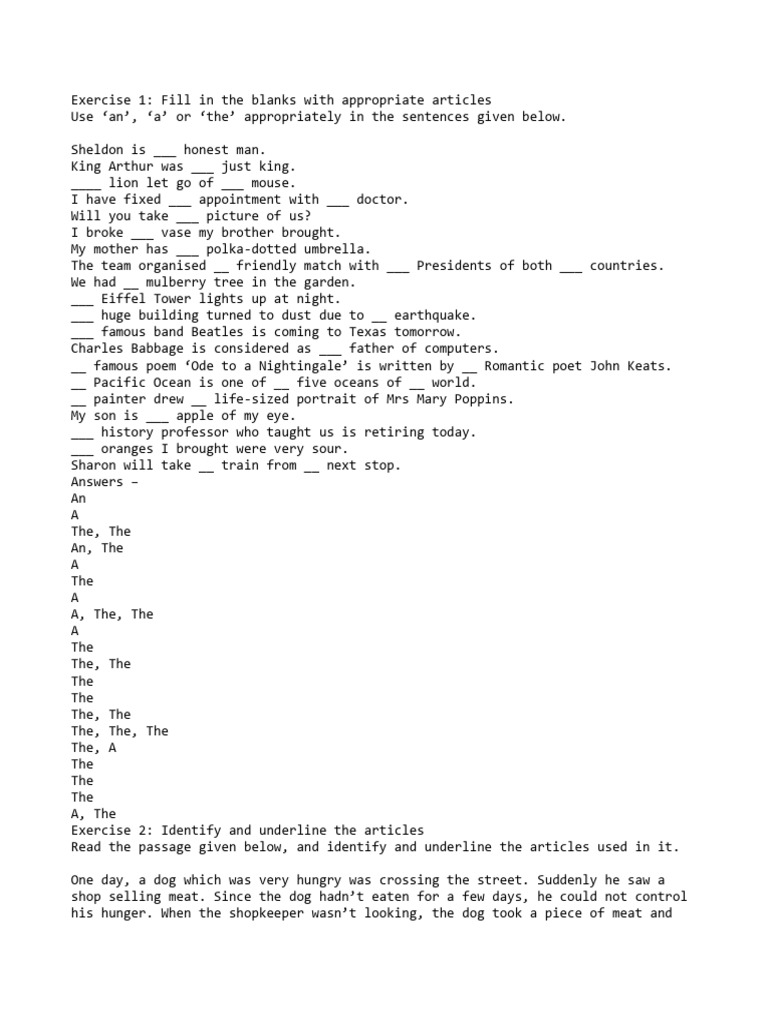 Articles and Adjectives Exercises | PDF | Question | Language Mechanics