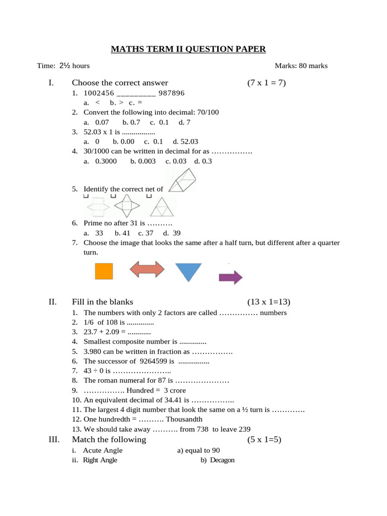 Maths Term II Question Paper | PDF | Elementary Mathematics | Mathematics