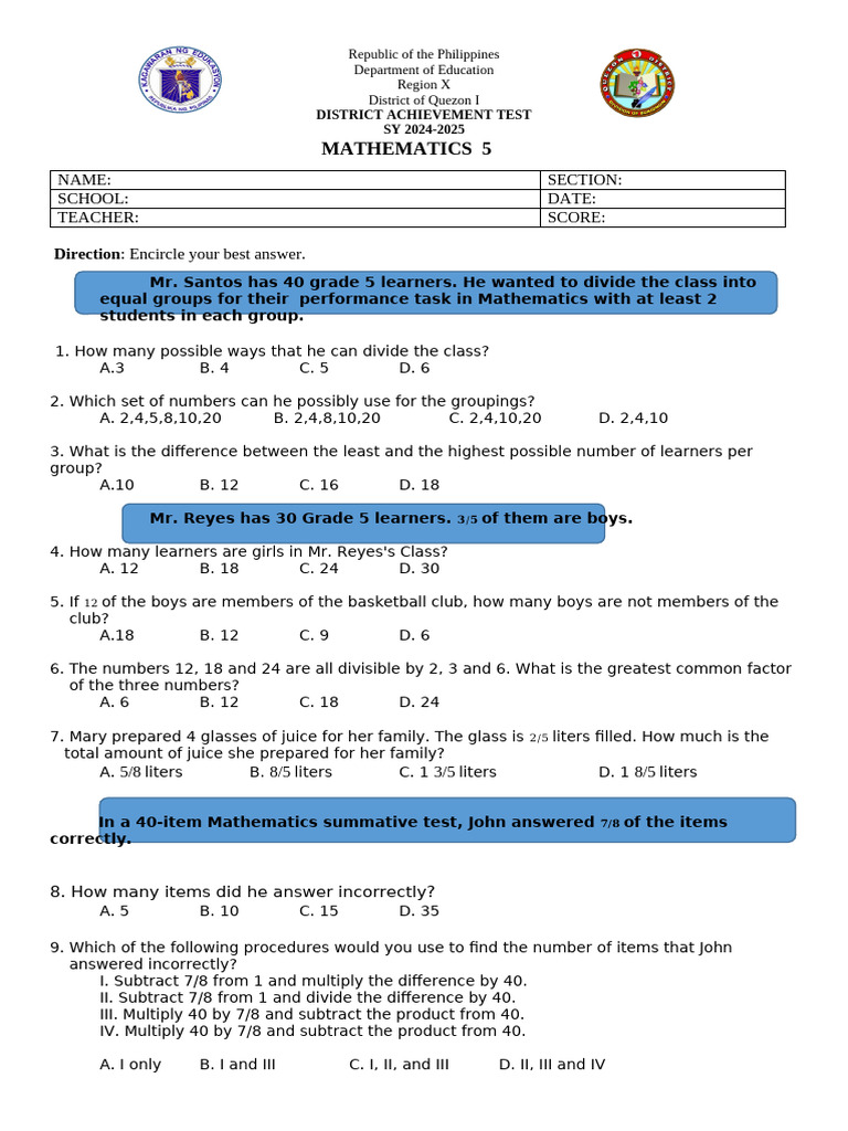 District Achievement Test Math 5 | PDF | Area | Celsius