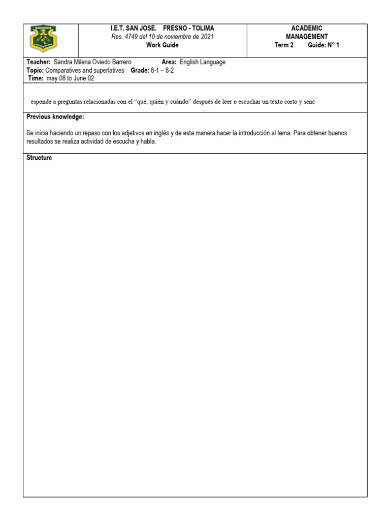 Guide 1 Second Term 8° | PDF | Idiomas | Estudios de idiomas extranjeros