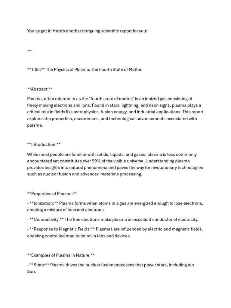 Harnessing Plasma: The Fourth State of Matter | PDF | Plasma (Physics ...