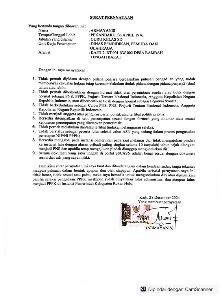 Surat Pernyataan Kak Anis | PDF