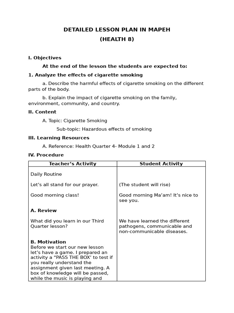 Detailed Lesson Plan in Mapeh 8 | PDF | Tobacco Smoking | Addiction