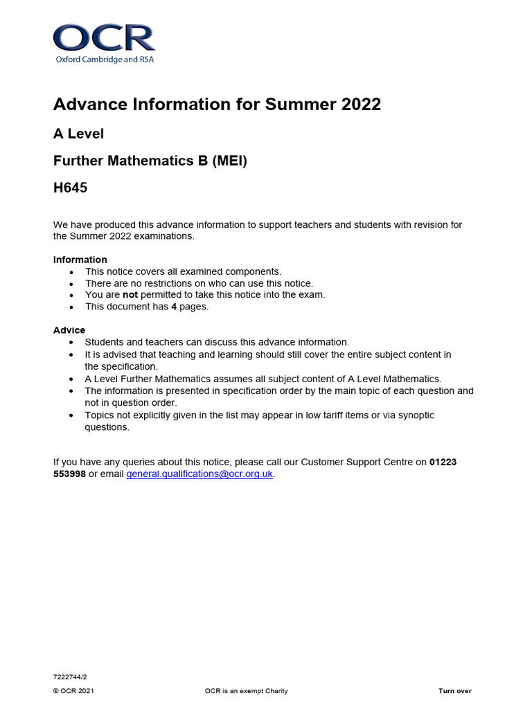 H645 A Level Further Mathematics B (MEI) Advance Information - Jun2022 ...