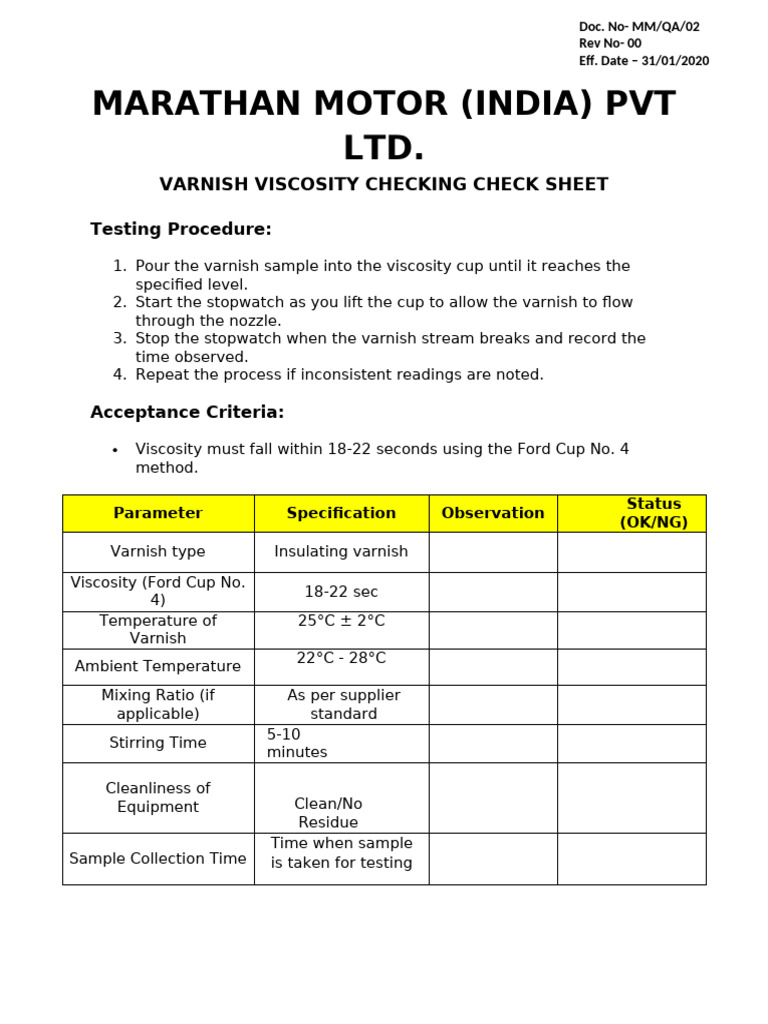 Viscosity Check Sheet | PDF