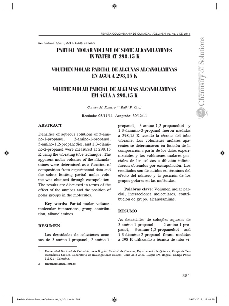 Partial Molar Volume of Some Alkanolamines in Wate | PDF | Chemical Polarity | Molar Concentration