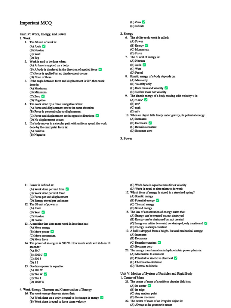 Important MCQ Unit IV and Unit V (1) | PDF | Force | Torque
