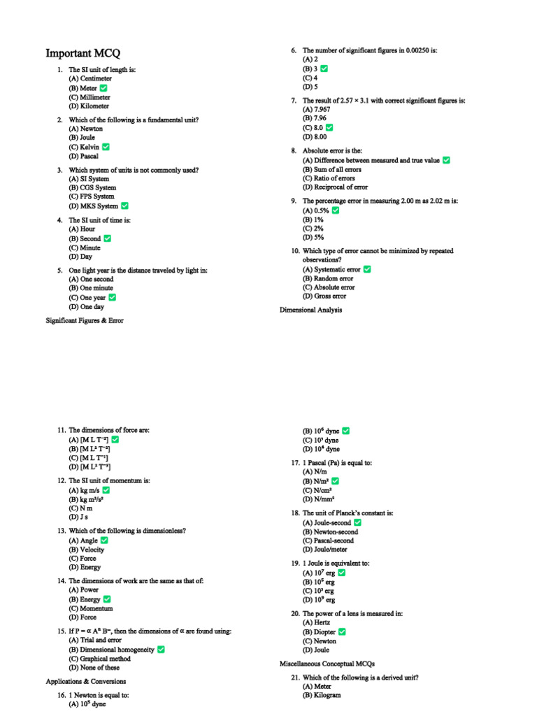 Important MCQ CH 1 | PDF | Mechanics | Units Of Measurement
