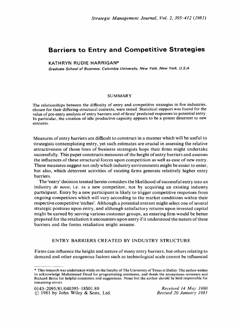 MR - Harrigan 1981 - Barriers To Entry and Competitive Strategies | PDF ...