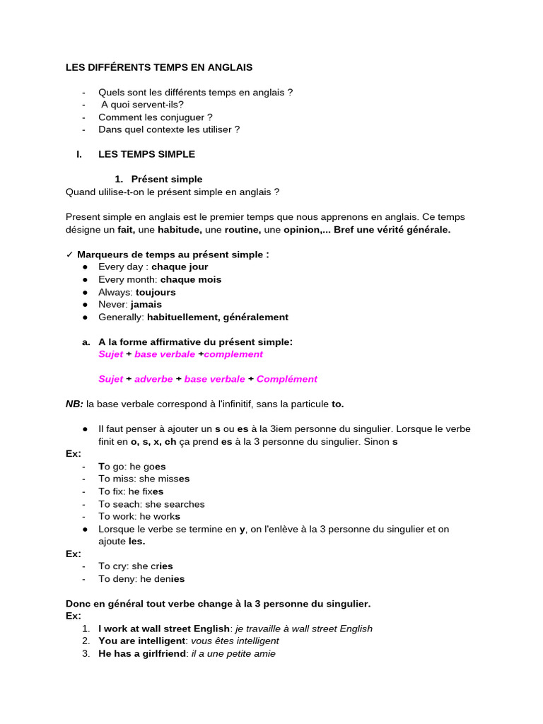 Les Temps en Anglais: Guide Complet | PDF | Verbe | Morphologie ...