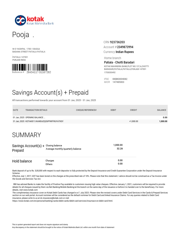Kotak Mahindra Bank Account Statement January 2025 | PDF | Banks | Cheque