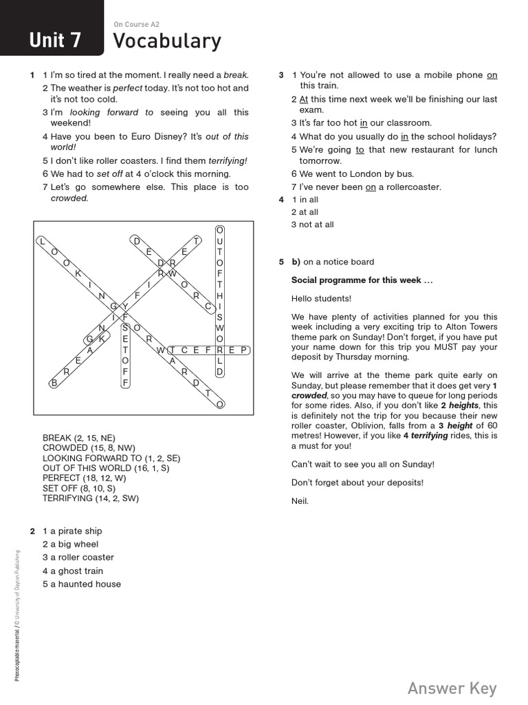 On Course A2+ Vocabulary Worksheets Answer Keys. 3rd Term | PDF