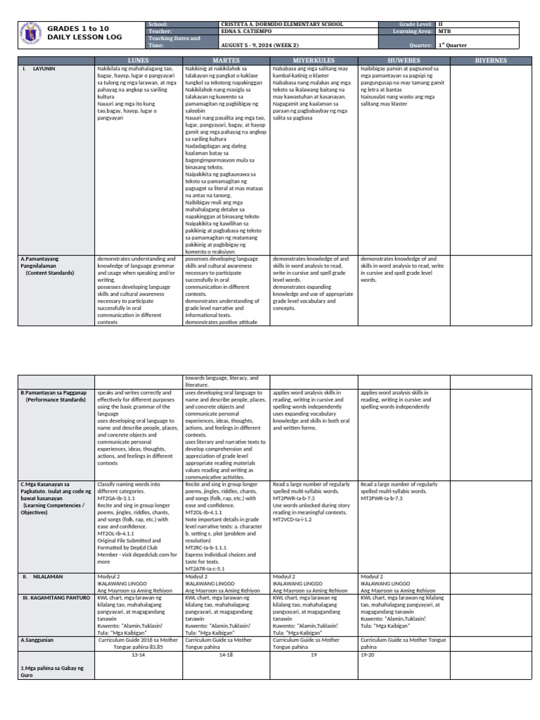 DLL - MTB 2 - Q1 - W2 | PDF