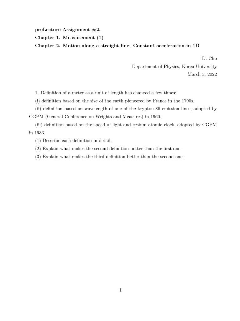 Prelecture Assignment #2. 1D Motion | PDF | Acceleration | Motion (Physics)