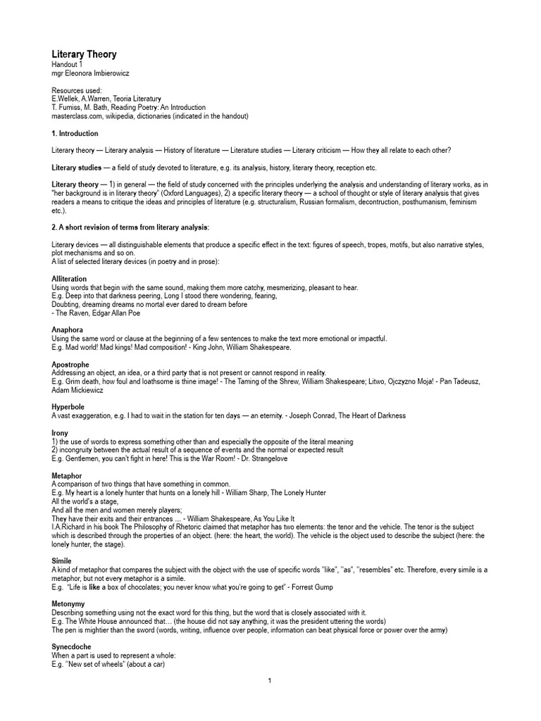 Literary Theory Handout 1 | PDF | Metre (Poetry) | Rhyme