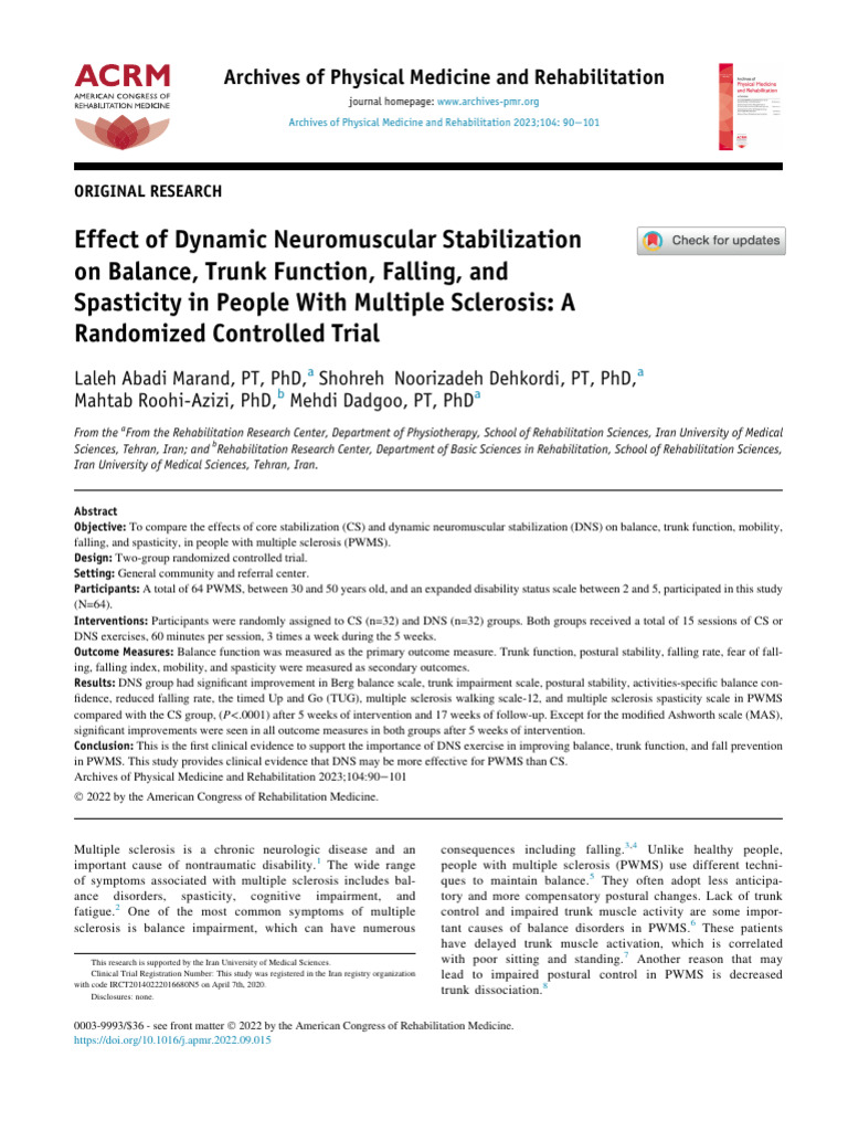 Effect of Dynamic Neuromuscular Stabilization On Balance, Trunk ...