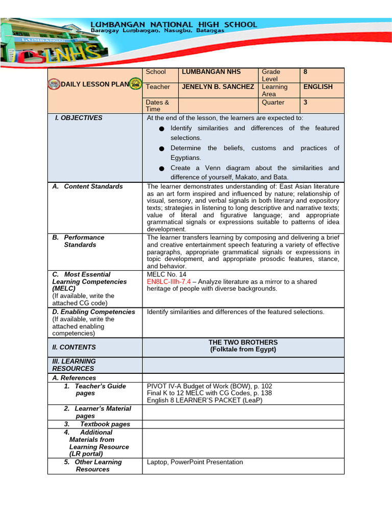 Q3 W3 Melc 14 Topic3.3 The Two Brothers. | PDF | Learning
