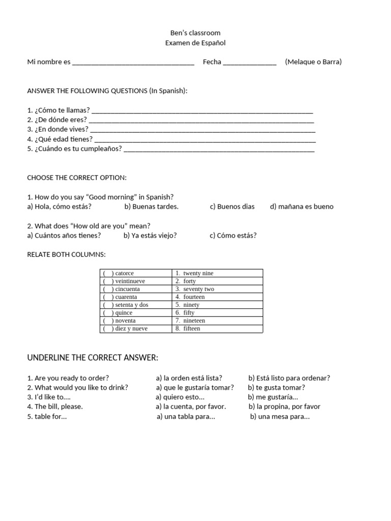 Examen de Español para Principiantes | PDF