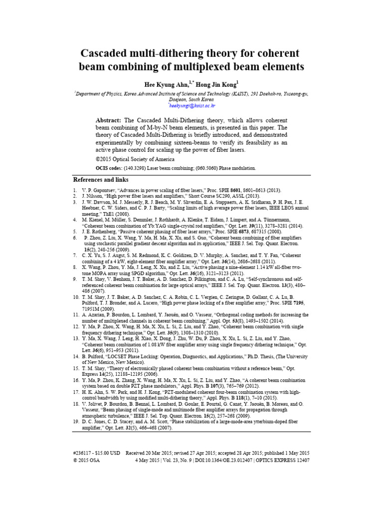 Cascaded multi-dithering theory for coherent beam combining of multiplexed beam elements | PDF ...