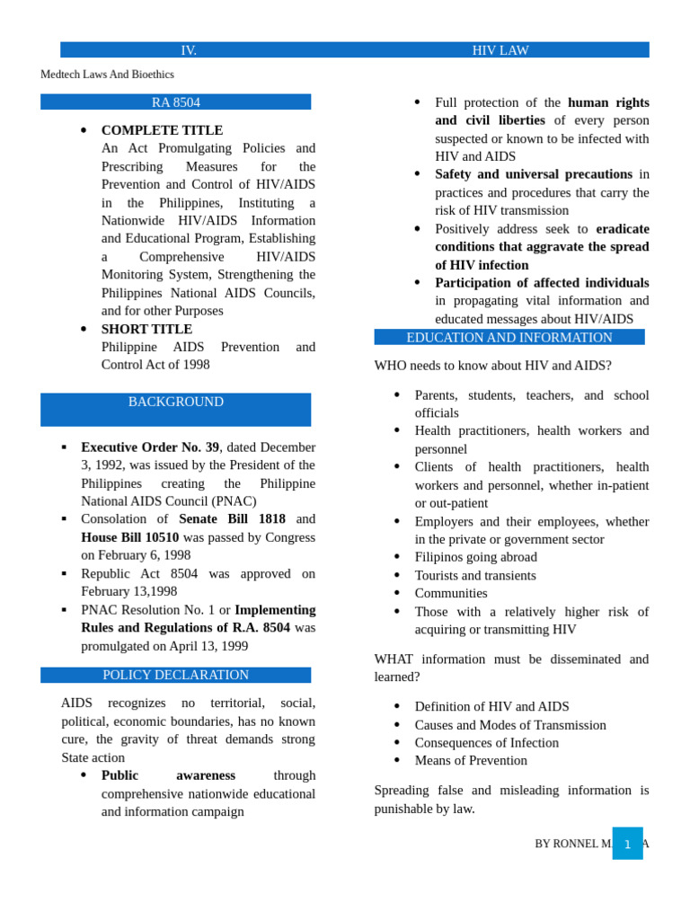 MTLE I. Intro To MedTech Laws, Clinical Lab and PRC Law | PDF | Hiv/Aids | Prevention Of Hiv/Aids