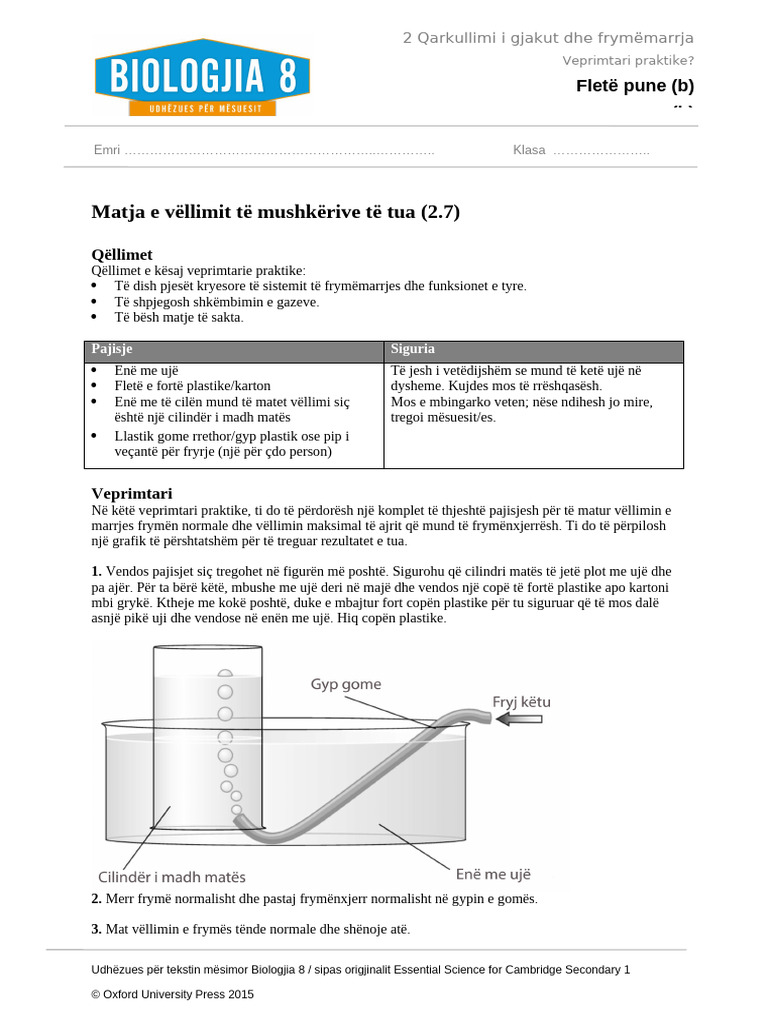 13.Veprimtari praktike Fletë pune (b) Matja e vëllimit të mushkërive të ...