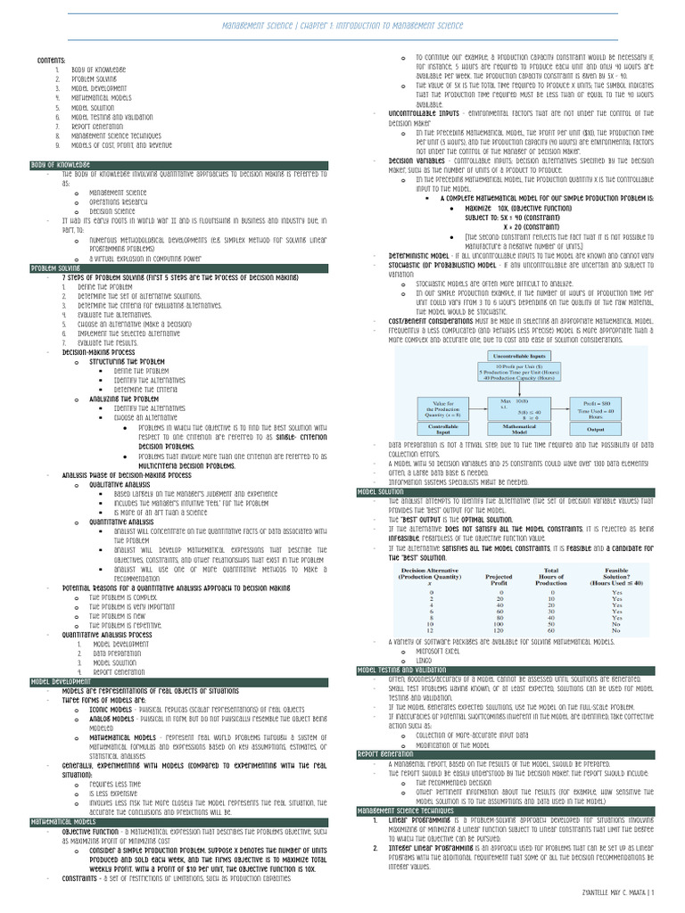 Chapter 1 Introduction To Management Science | PDF | Mathematical Optimization | Mathematical Model