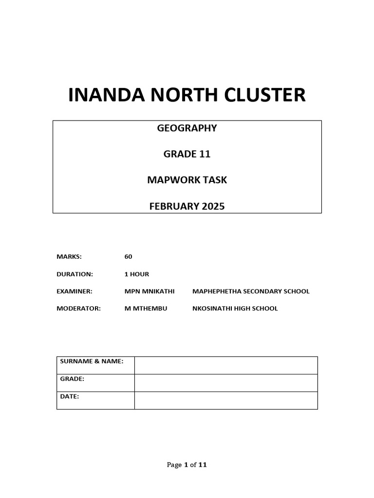 Inanda North Cluster Geo Grade 11 Mapwork 2025 | PDF | Geographic ...