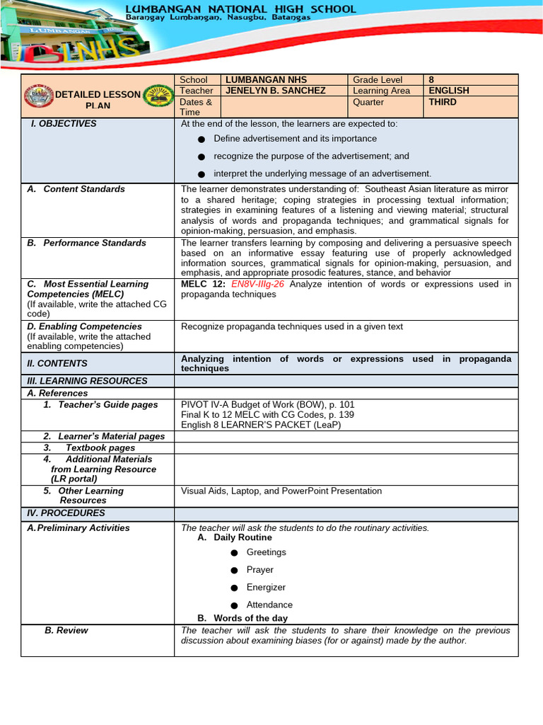 G8-Q3 - W2 MELC 12 Analyzing Intention of Words or Expressions Used in Propaganda Techniques D1 ...