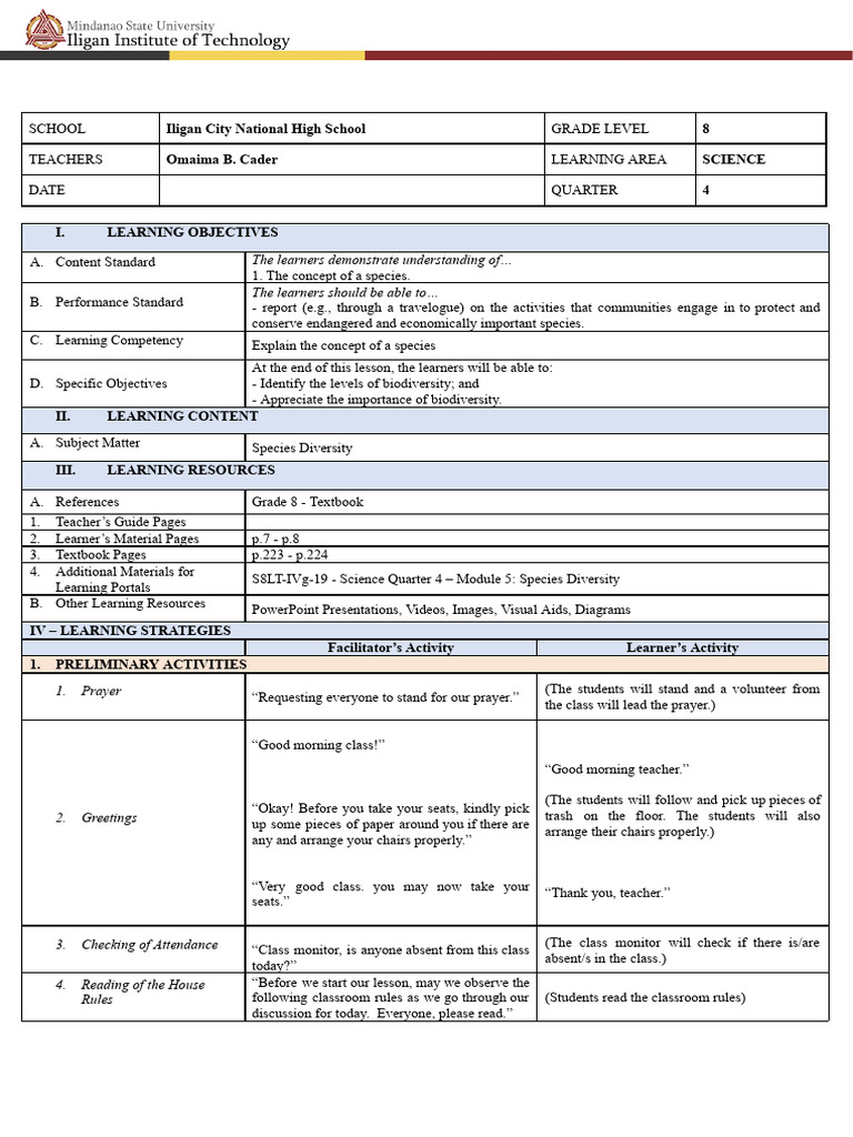 Lesson Plan About Species Diversity | PDF | Learning | Teachers