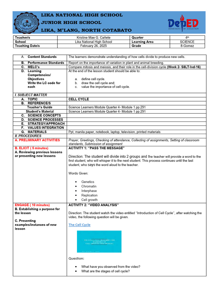 Grade 8-Cell Cycle Gomez | PDF | Mitosis | Cell Cycle