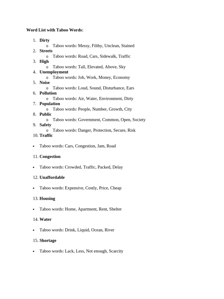 Taboo Words List for Common Topics | PDF