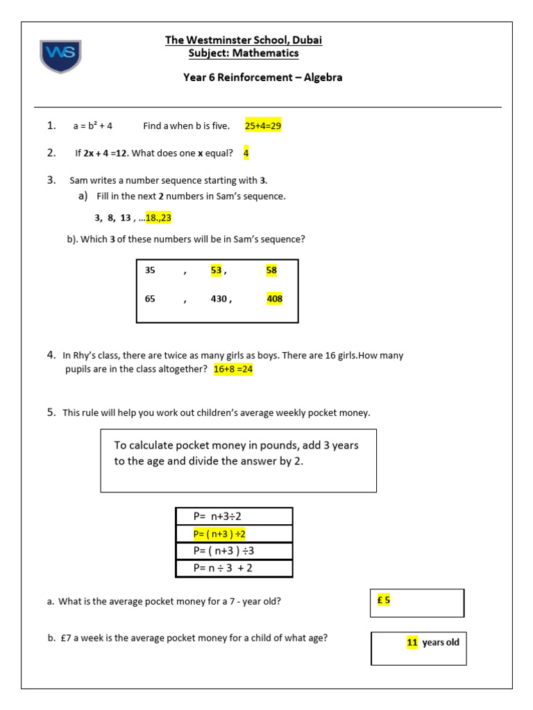 Answer key Year 6 Reinforcement Algebra. | PDF | Equations | Numbers